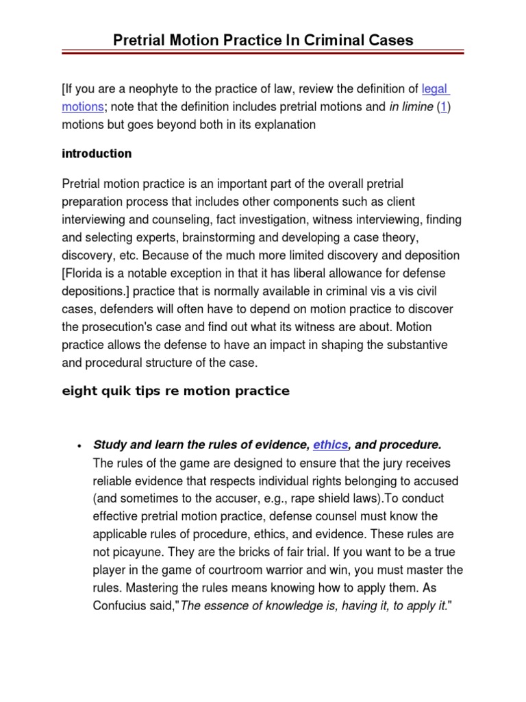 Pre Trial Motion Practice | PDF | Witness | Evidence (Law)