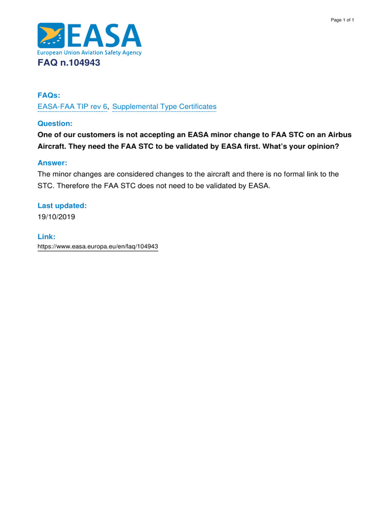 EASA FAA STC Validation FAQ | PDF
