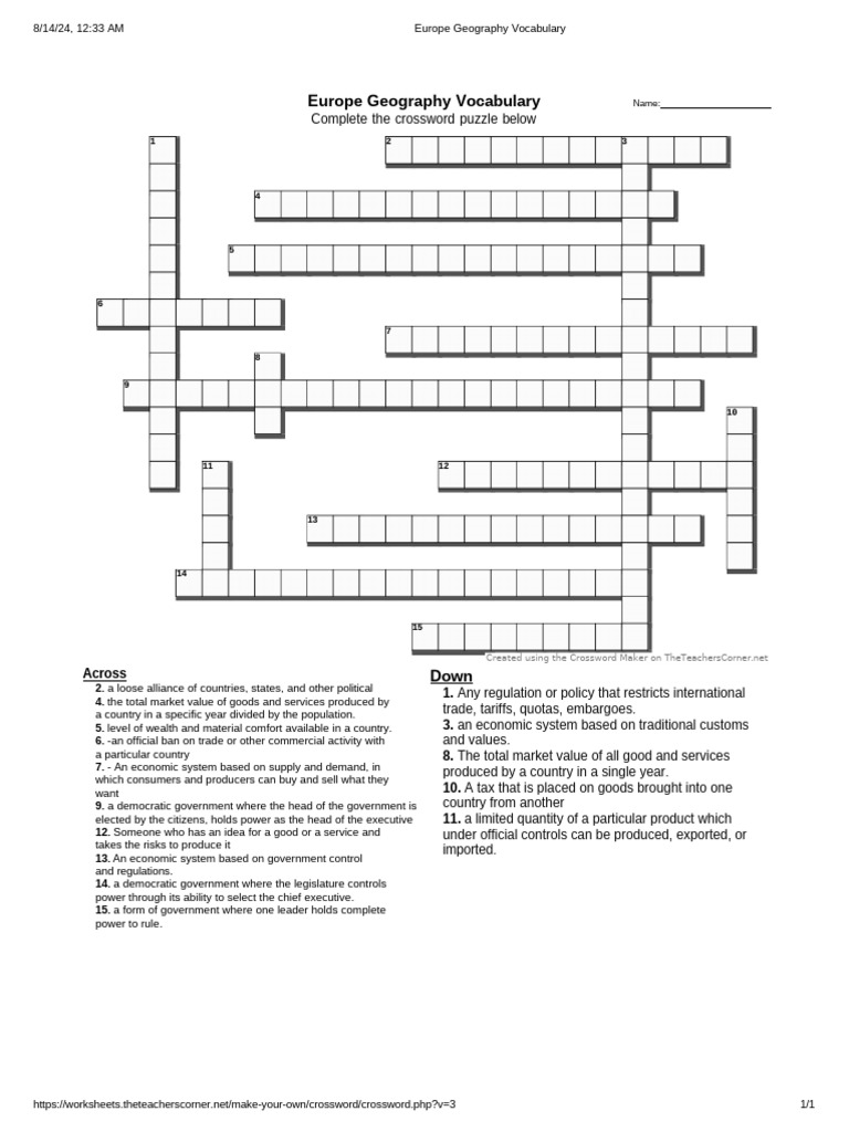 Europe Geography Crossword Puzzle | PDF | Trade | Goods