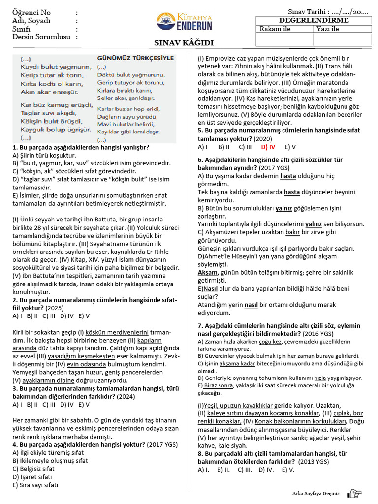 Enderun Ad Ve Sıfat Taml Test Sınavı | PDF