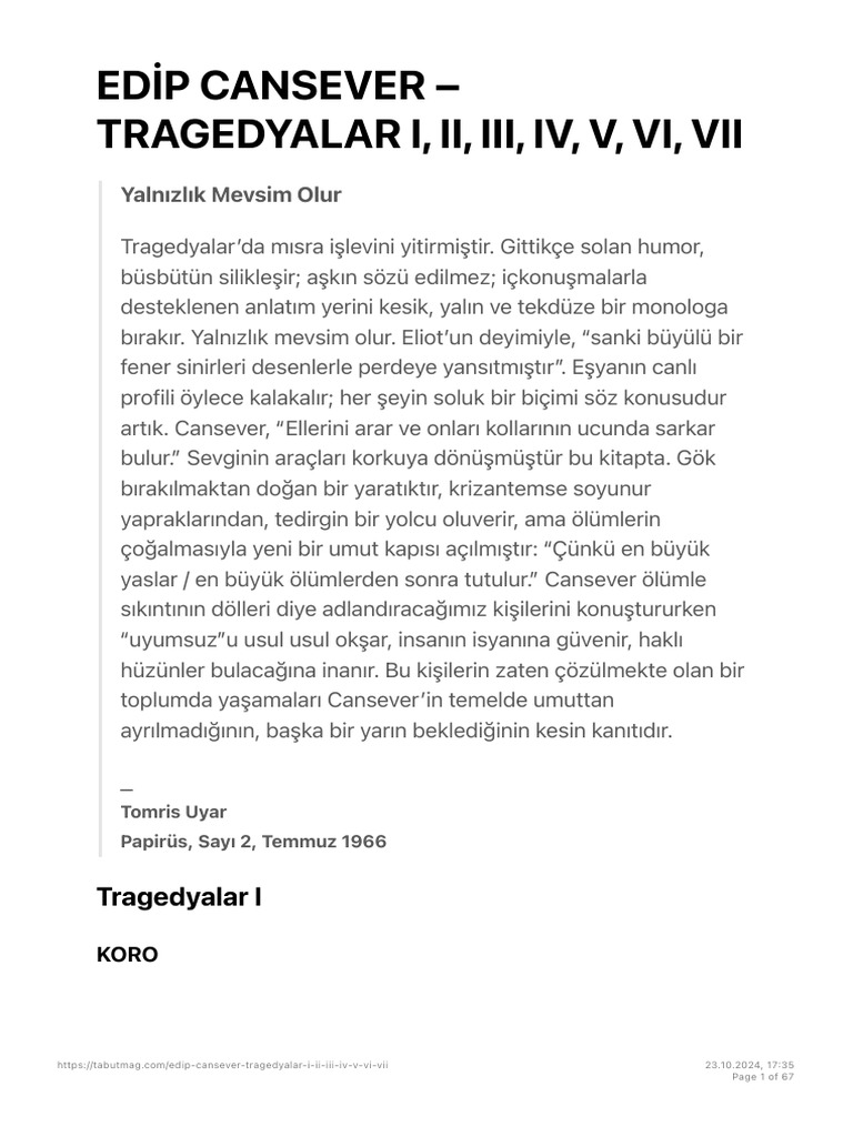 EDİP CANSEVER - TRAGEDYALAR I, II, III, IV, V, VI, VII - Tabutmag | PDF