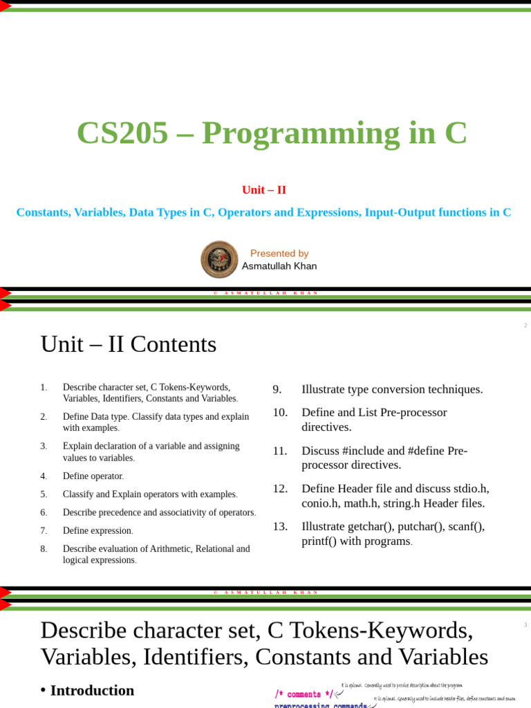 Unit – II Constants Variables DataTypesInC Operators Expressions Input ...