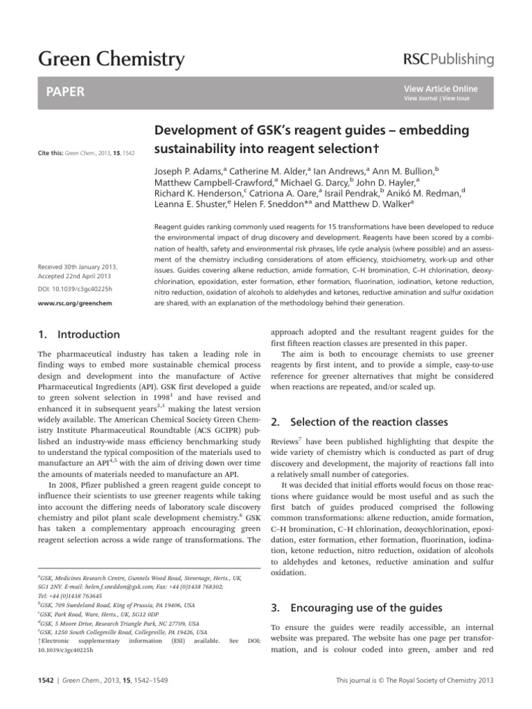 Development of GSK's reagent guides - embedding sustainability into ...