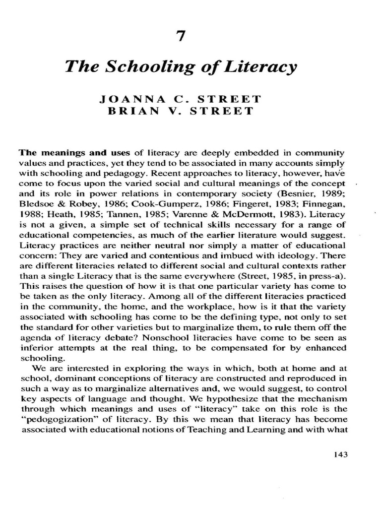 [Artigo] the Schooling of Literacy (Joanna Street & Brian Street) | PDF ...