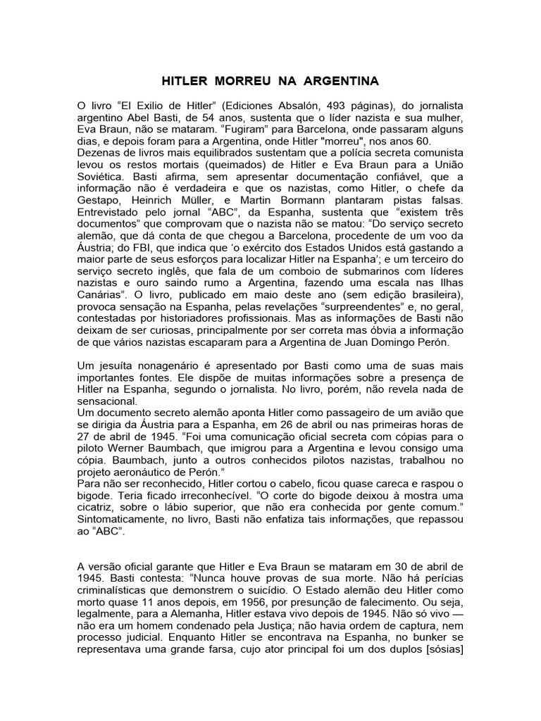Hitler: Fuga e Morte na Argentina? | PDF | Adolf Hitler | Alemanha nazista