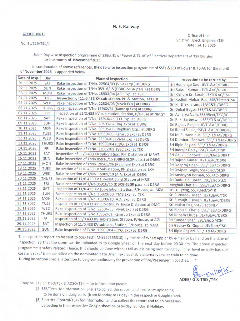 Supv. Insp. Schedule for Nov'25 | PDF