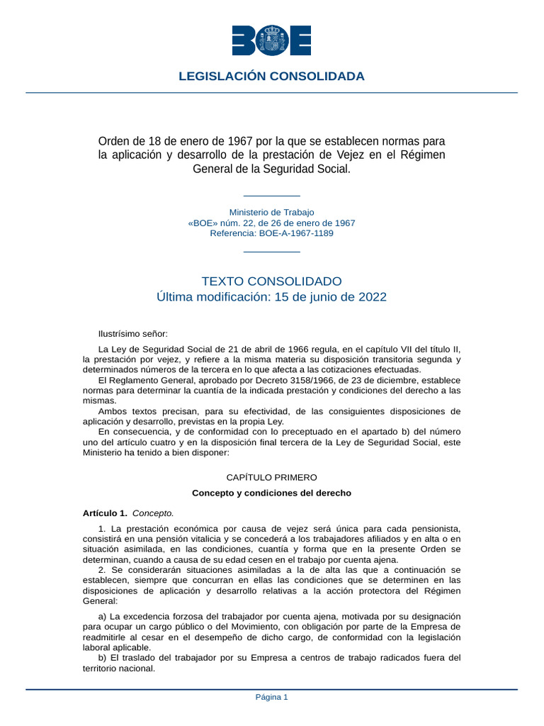 Orden 18 01 1967 prestación de Vejez | PDF | Pensión | Jubilación
