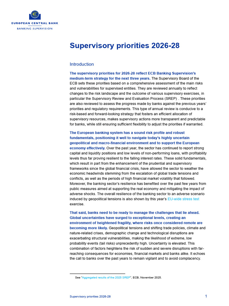 ECB Supervisory Priorities 2026-28 | PDF | European Central Bank | Risk