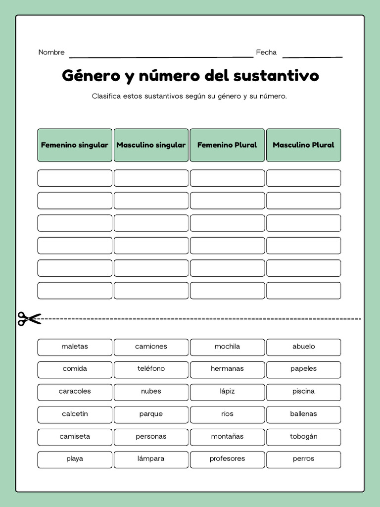 Hoja Ejercicios Género y Número Sustantivos Estilo Sencillo Verde | PDF