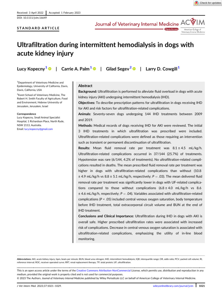 Veterinary Internal Medicine - 2023 - Kopecny - Ultrafiltration During ...