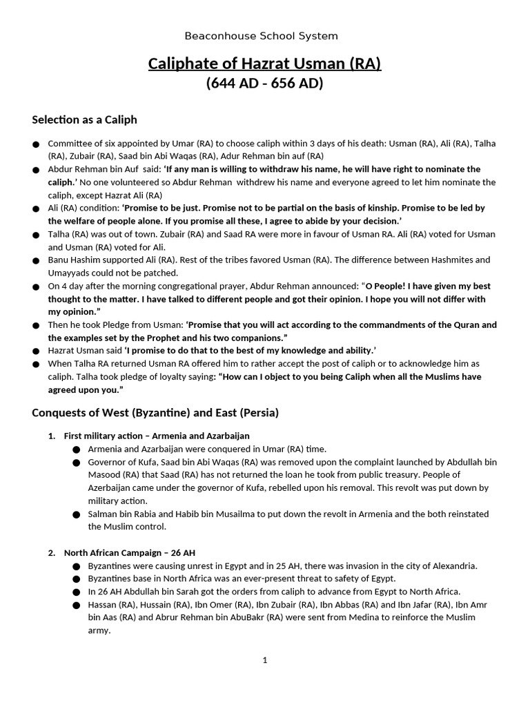 Hazrat Usman's Caliphate Overview | PDF | Ali | Caliphate