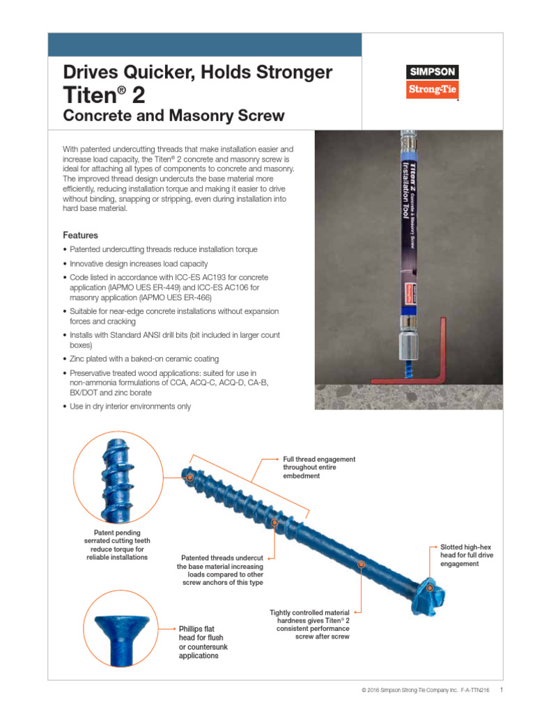 Titen® 2 Concrete & Masonry Screw Guide | PDF | Screw | Strength Of ...