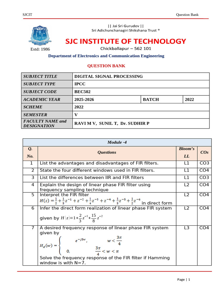 DSP Question Bank 2025-26 Module 4 & 5 | PDF | Low Pass Filter ...