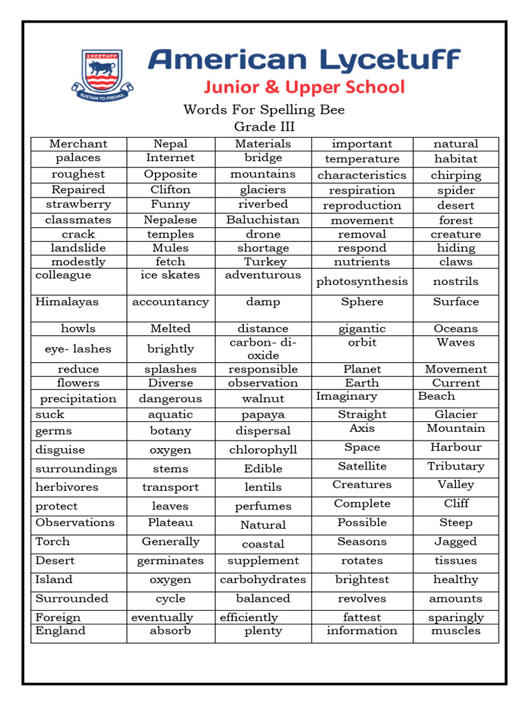 Words For Spelling Bee Grade 3 | PDF