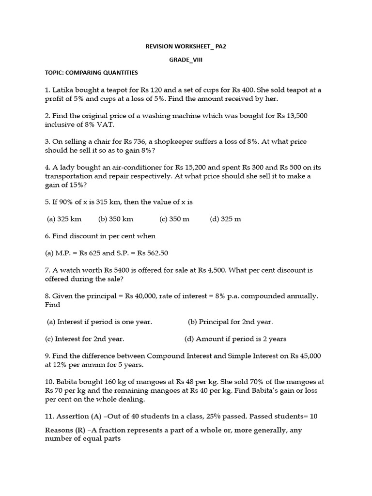 Comparing Quantities & Proportions Worksheet | PDF