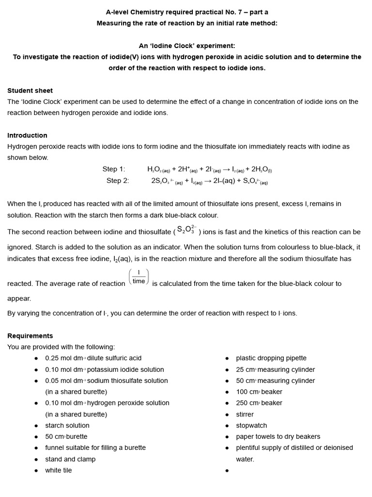 Iodine Clock Reaction Rate Experiment | PDF | Chemical Substances ...