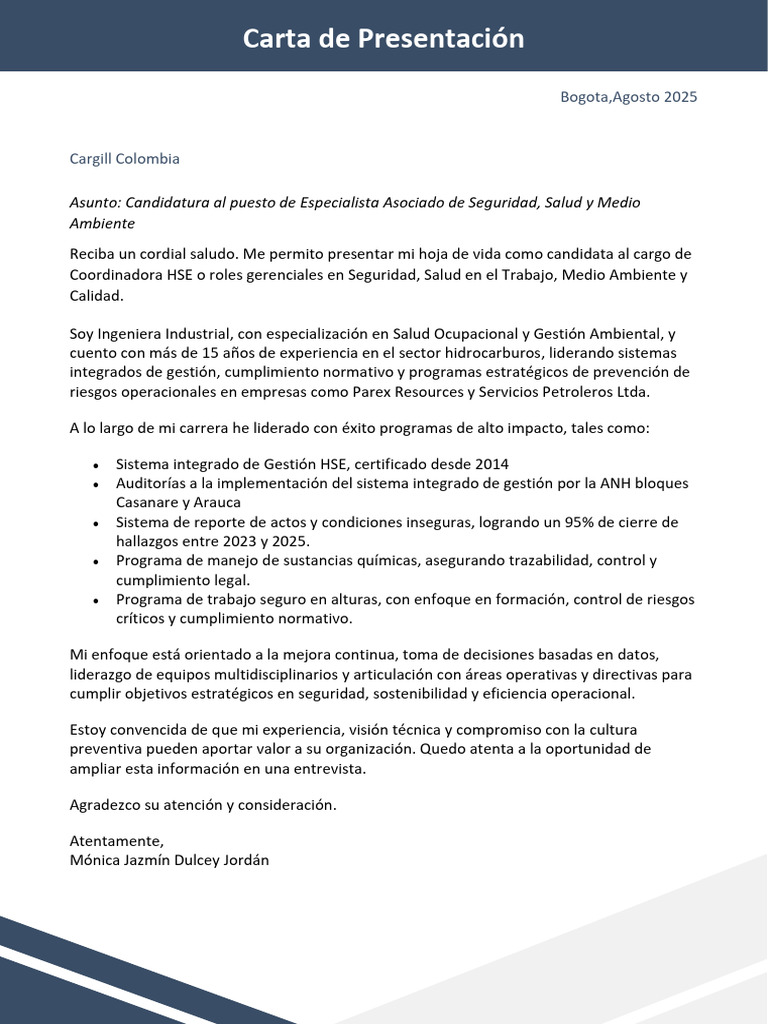 carta presentacion Cargill | PDF | Plan de estudios