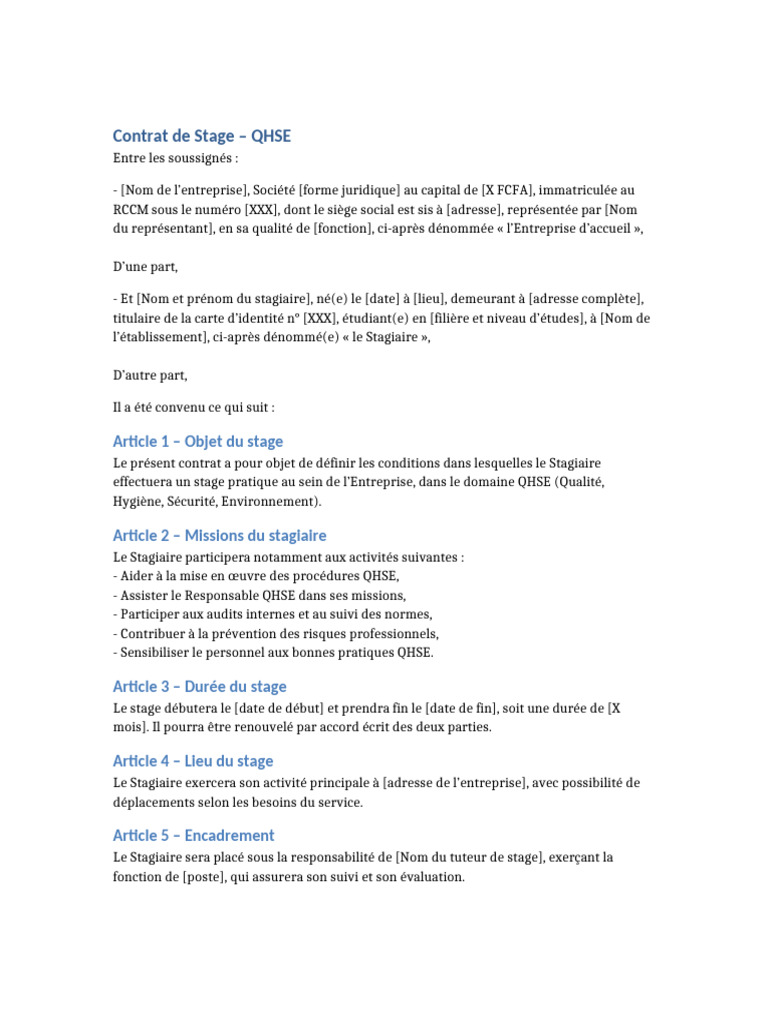 Contrat de Stage QHSE : Conditions et Missions | PDF