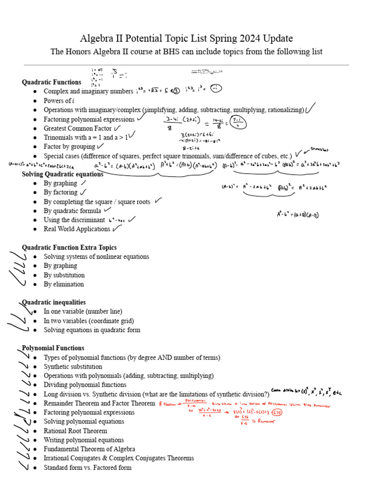 Algebra II Topics Spring 2024 Guide | PDF | Factorization | Polynomial