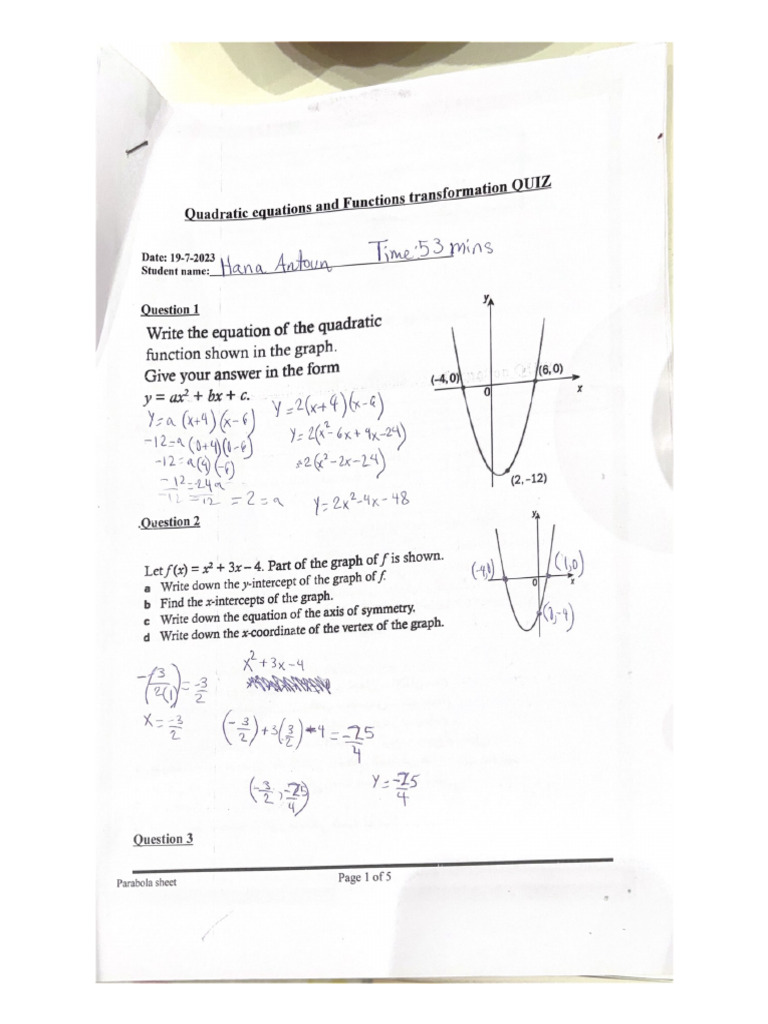 Quadratic Equations and Functions Transformation QUIZ | PDF