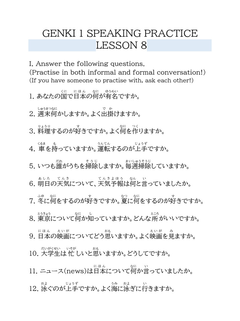 GENKI 1 Speaking Practice Lesson 8 PDF | PDF