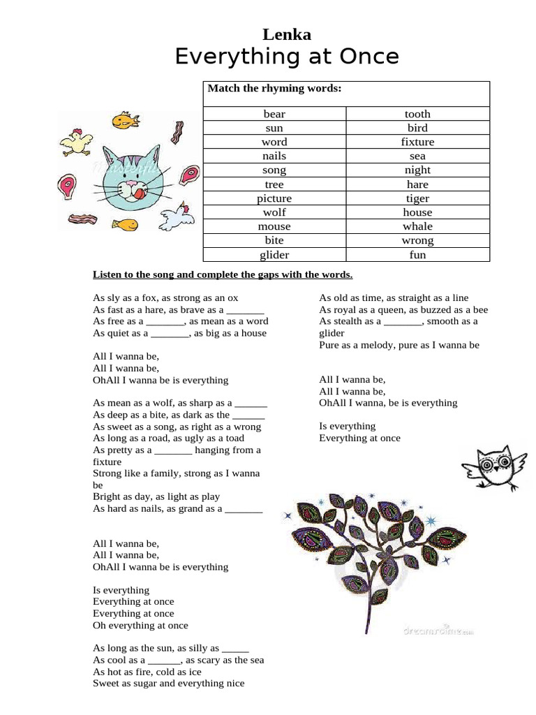 Everything at Once Song Worksheet for Esl Activities With Music Songs ...