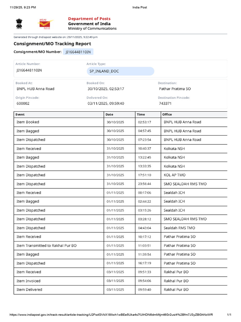 India Post Consignment Tracking Report | PDF