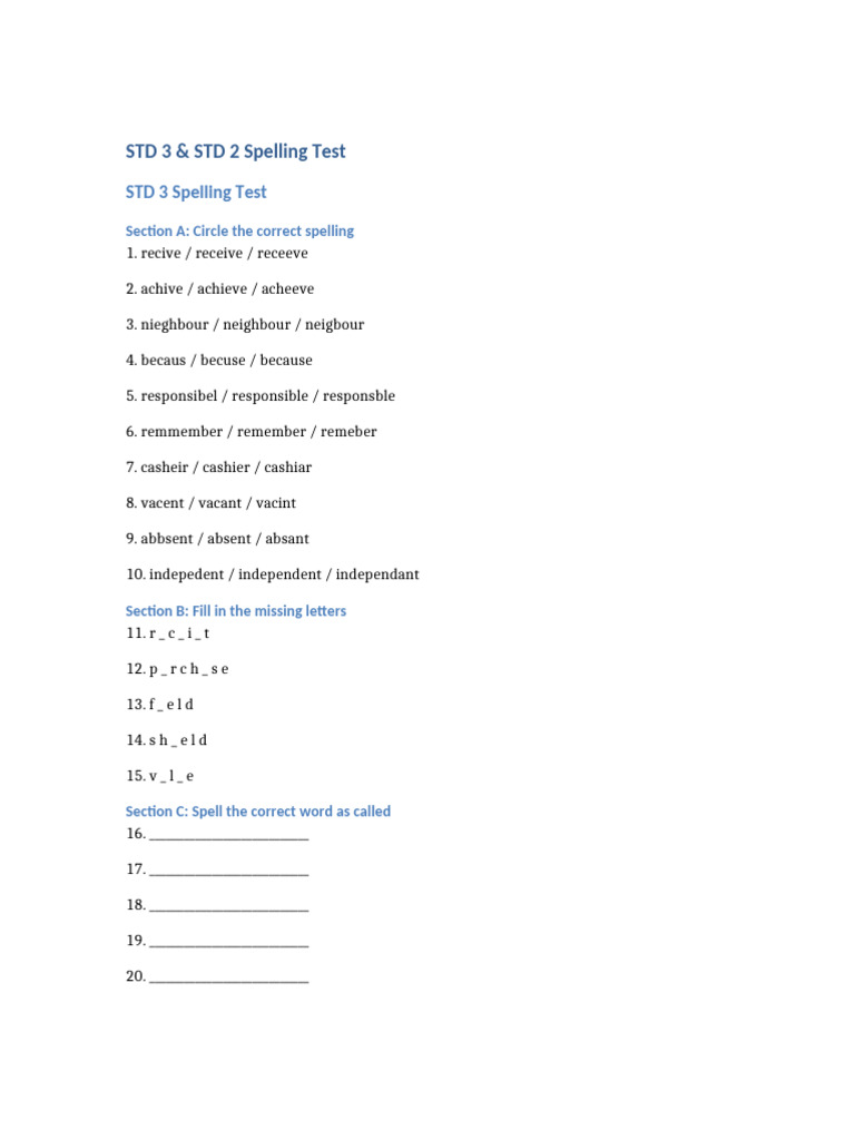 STD 2 & 3 Spelling Test Guide | PDF