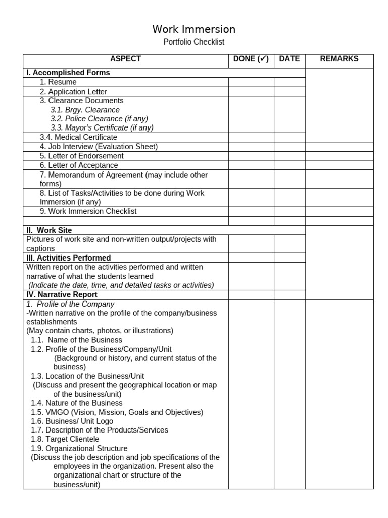 Work Immersion Portfolio Checklist | PDF | Business