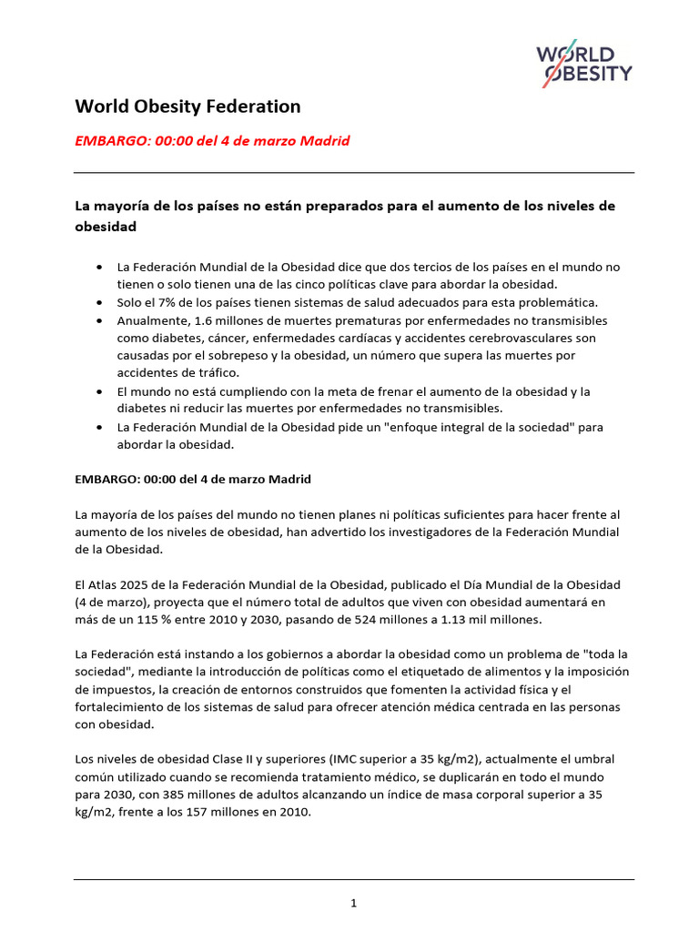 World Obesity Atlas 2025 Press Release - Spanish | PDF | Obesidad ...