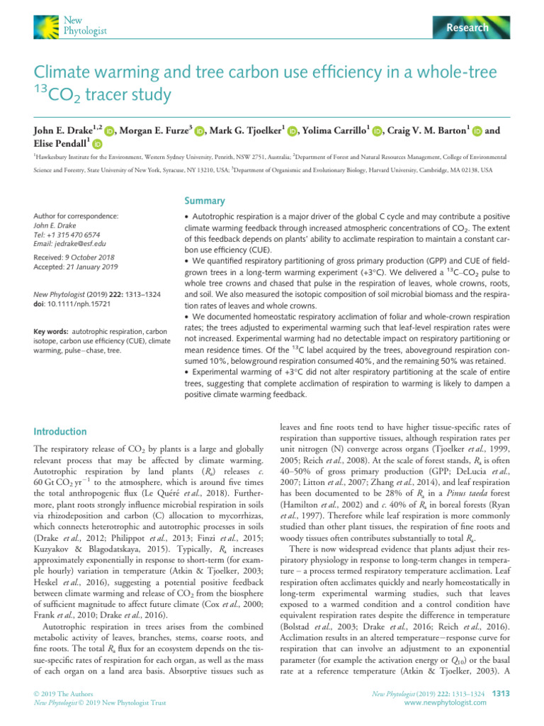 Drake - Et - Al-2019b. Climate Warming and Treecarbon Use Efficiency ...