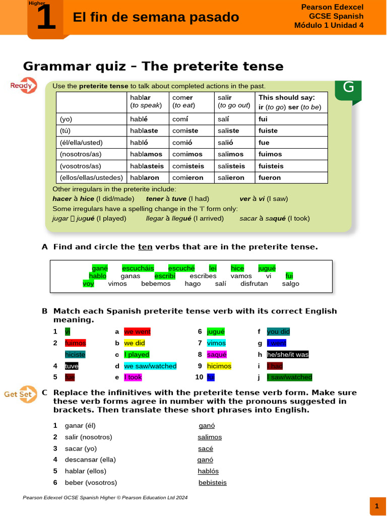 Quiz de gramática: pretérito en español | PDF