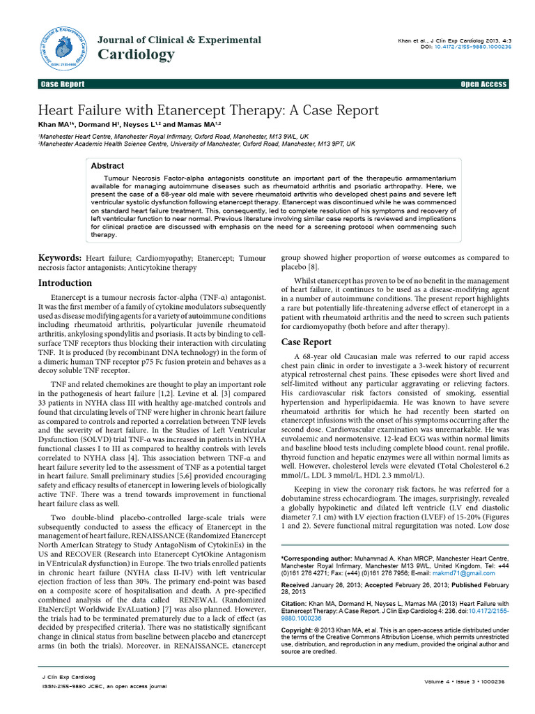 Heart Failure With Etanercept Therapy A Case Report 2155 9880.1000236 ...