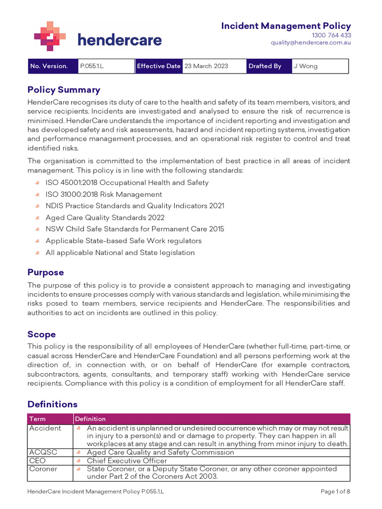 HenderCare Incident Management Policy | PDF | Occupational Safety And ...