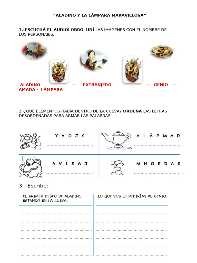 Actividades sobre Aladino y su lámpara | PDF