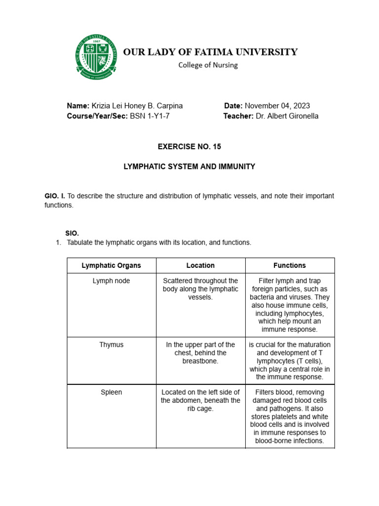 Week 13 Lab Exercise Lymphatic Immune System | PDF | Lymphatic System ...