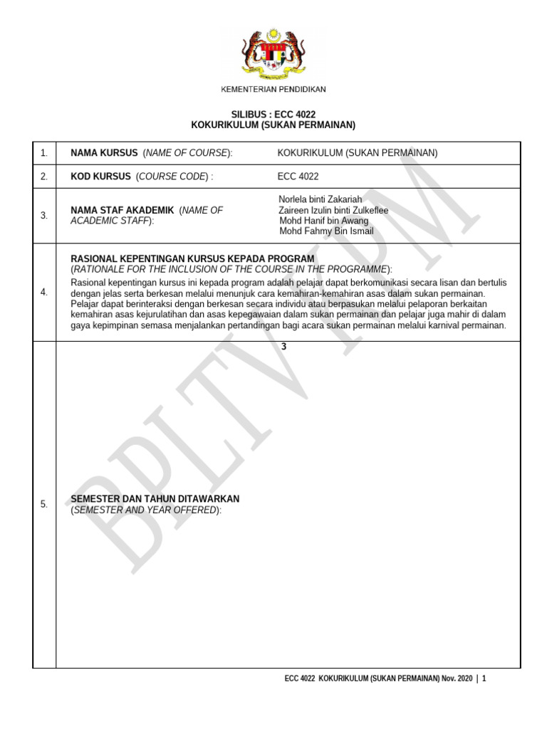 Silibus ECC 4022 Kokurikulum (Sukan Permainan) | PDF