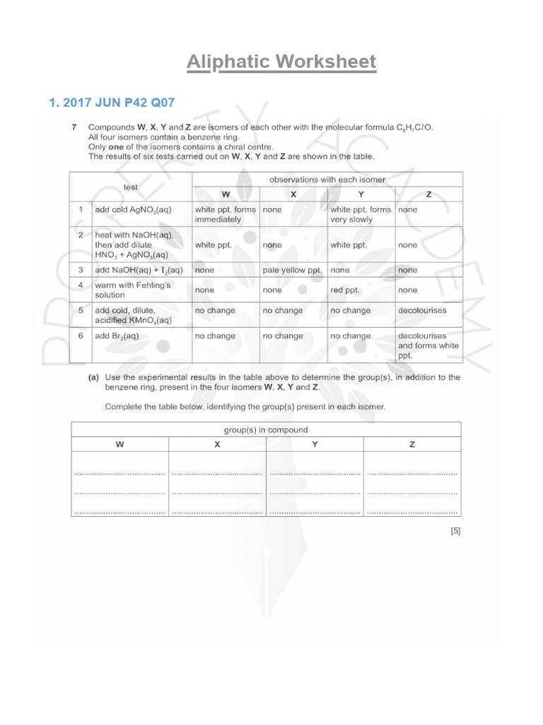 Aliphatic Chemistry Final Worksheet | PDF