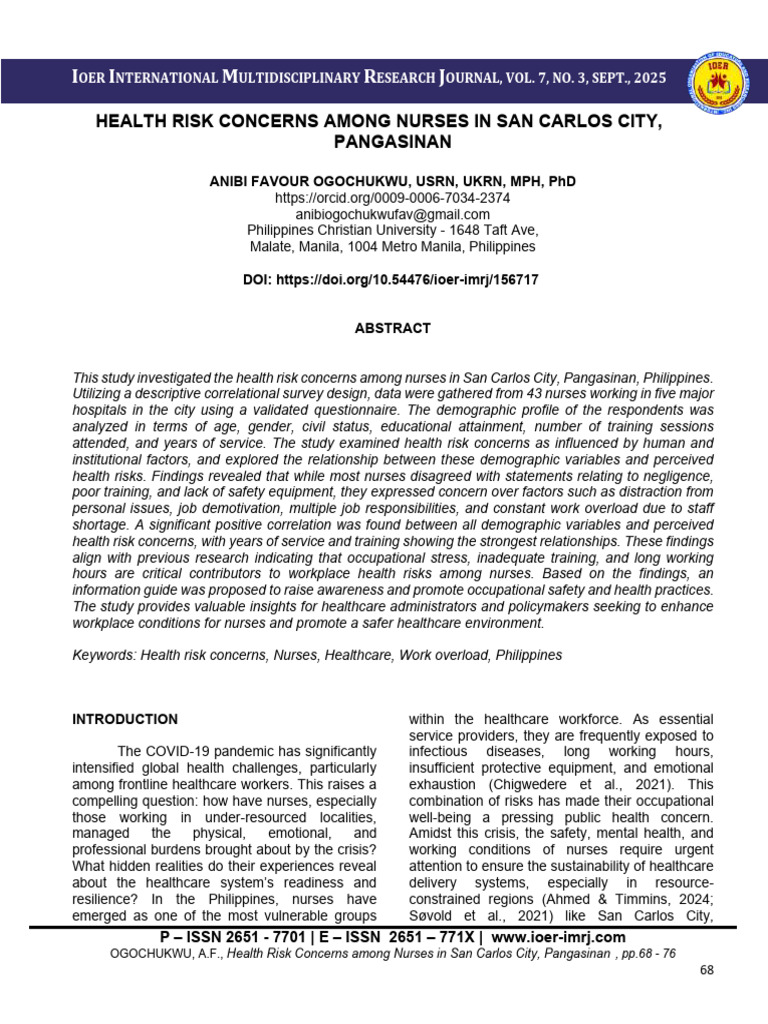 Health Risks for Nurses in Pangasinan | PDF | Occupational Safety And ...