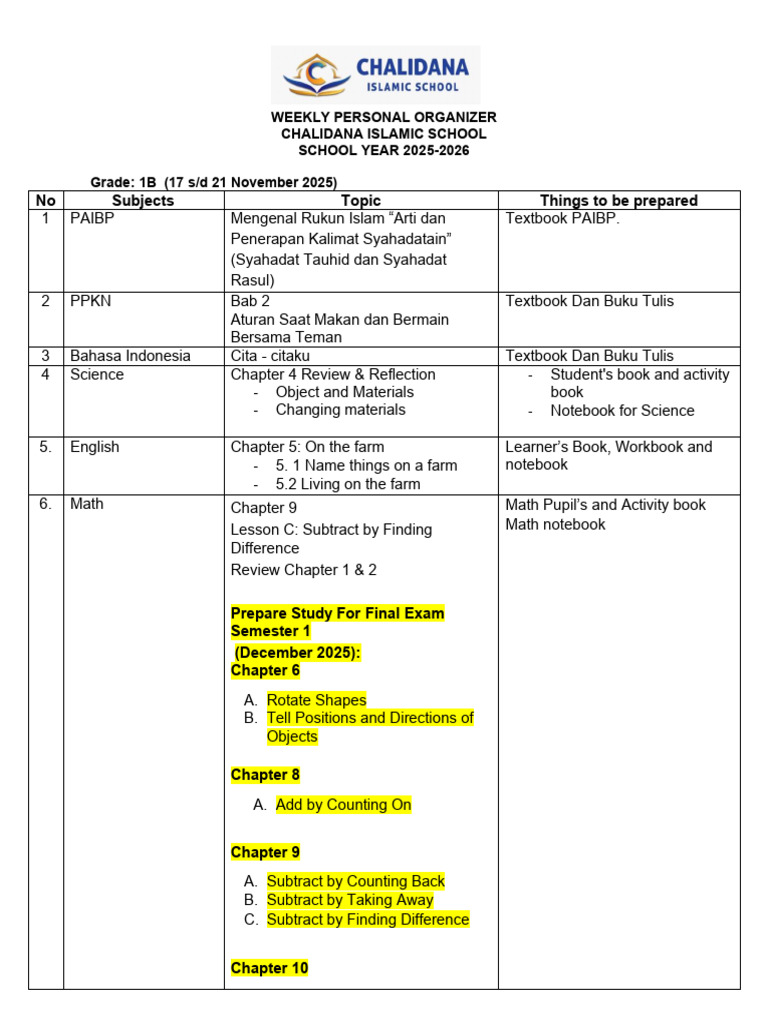 Weekly Organizer for Grade 1B - 2025-2026 | PDF