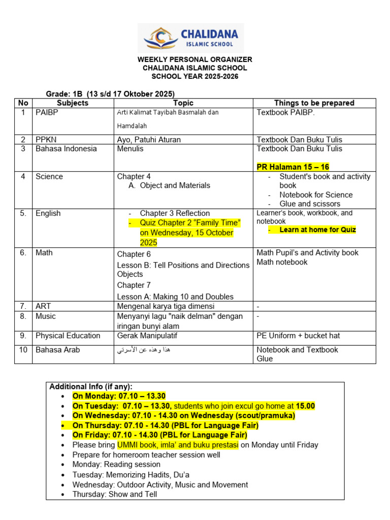 13 - 17 Oktober 2025 Weekly Classroom Organizer Grade 1b | PDF | Learning