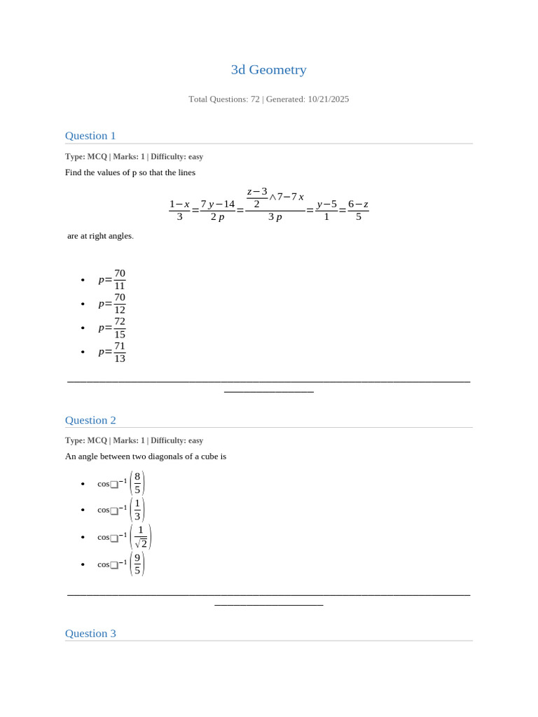 Questions - 3d Geometry - 1761025563602 | PDF | Line (Geometry ...