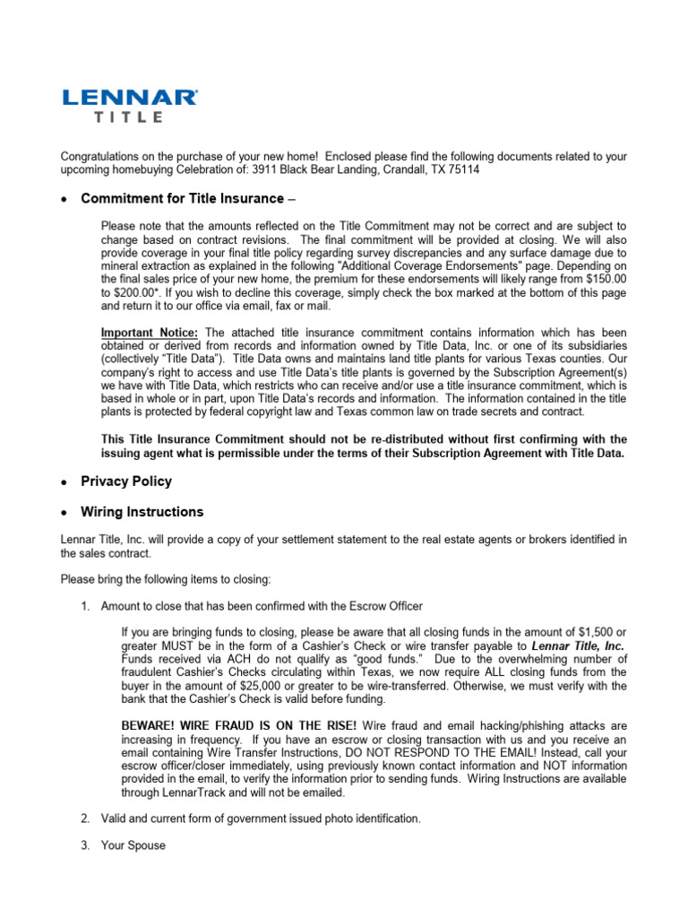 Title Insurance Commitment Details | PDF | Insurance | Title Insurance