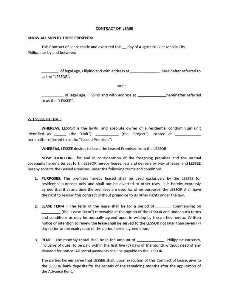 CONTRACT OF LEASE Template | PDF | Lease | Common Law
