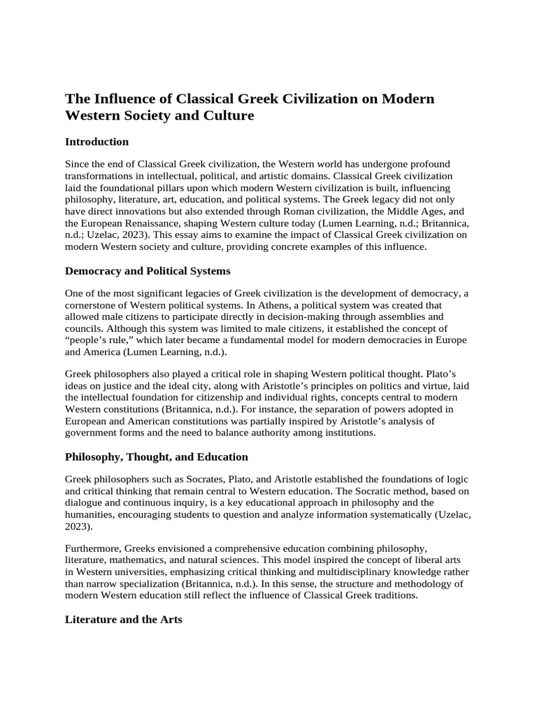 The Influence of Classical Greek Civilization on Modern Western Society ...