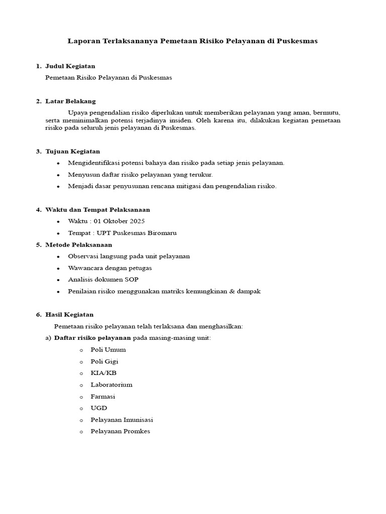 Laporan Terlaksananya Pemetaan Risiko Pelayanan Di Puskesmas | PDF