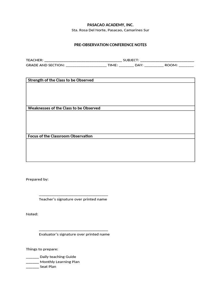 Classroom Observation Conference Notes | PDF