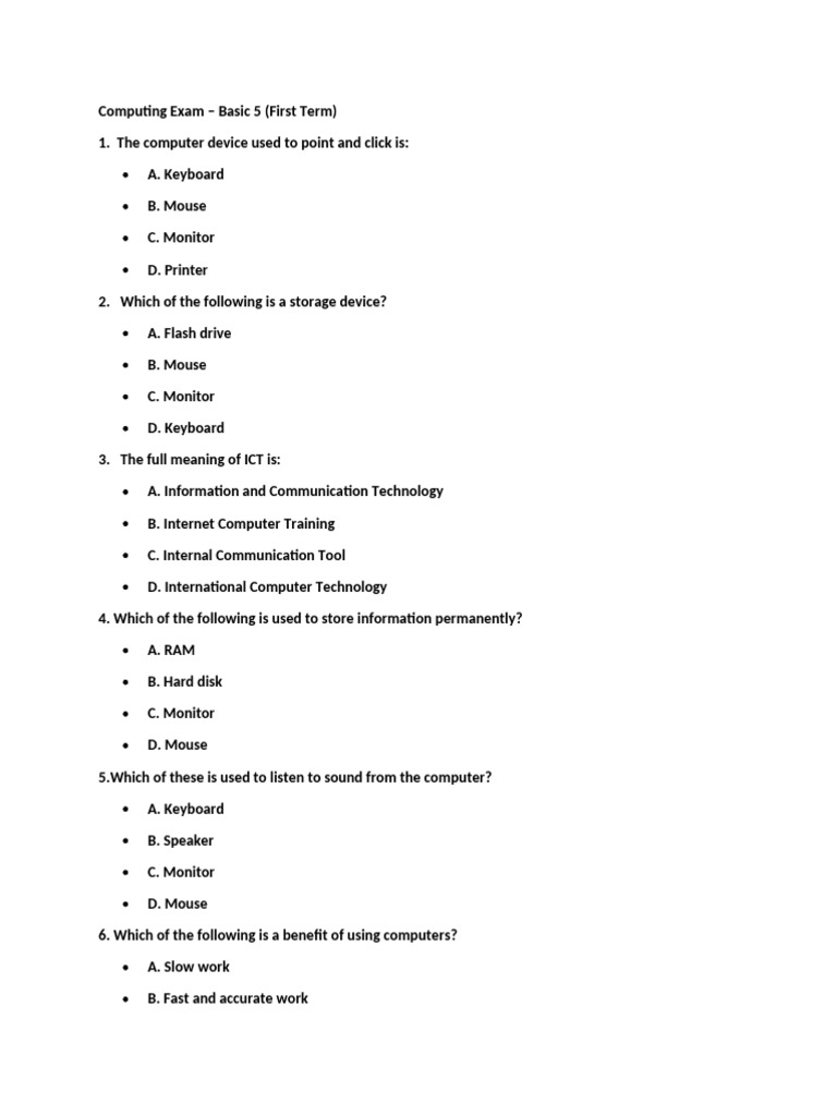 Basic Computing Exam Questions | PDF | Computer Keyboard | Computer Monitor