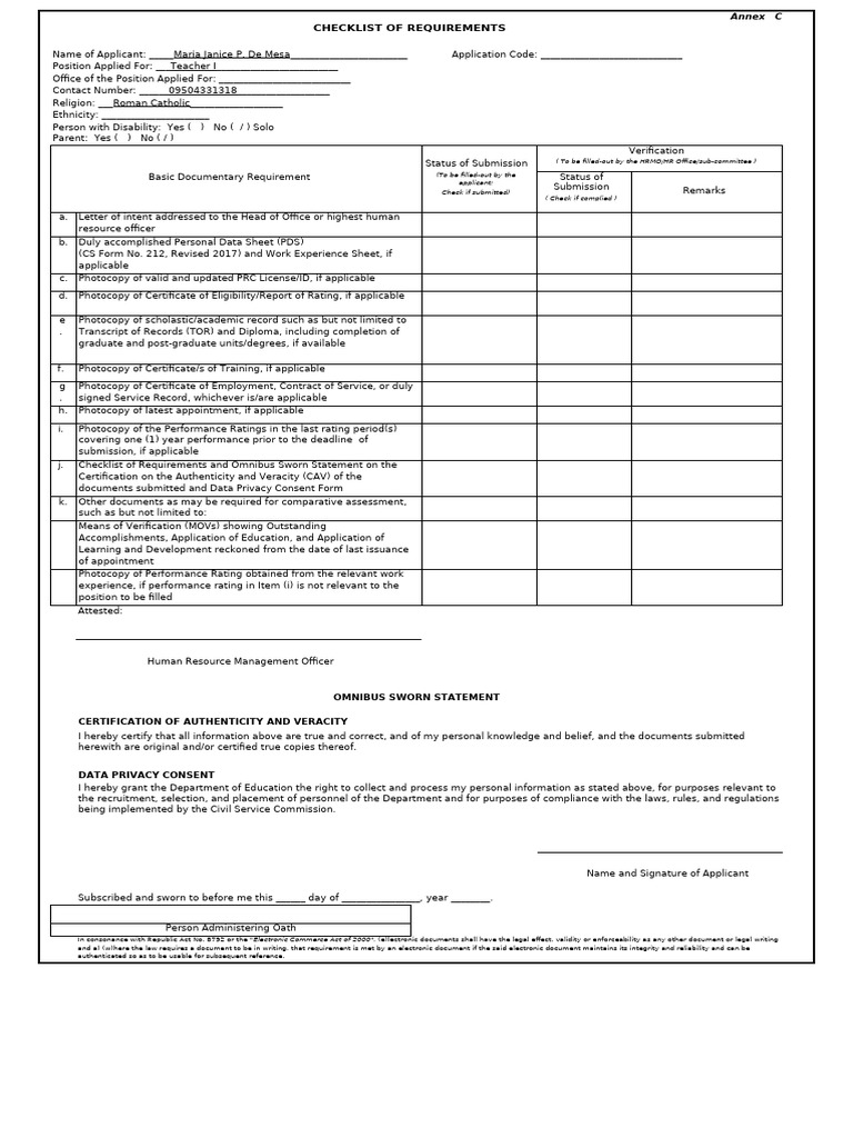 Annex C-Checklist of Requirements and Omnibus Sworn Statement | PDF