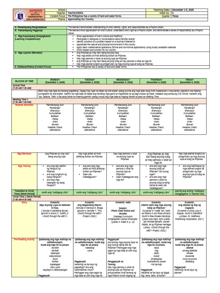 Kinder DLL - Quarter 3. Week 5.matatag Curriculum | PDF